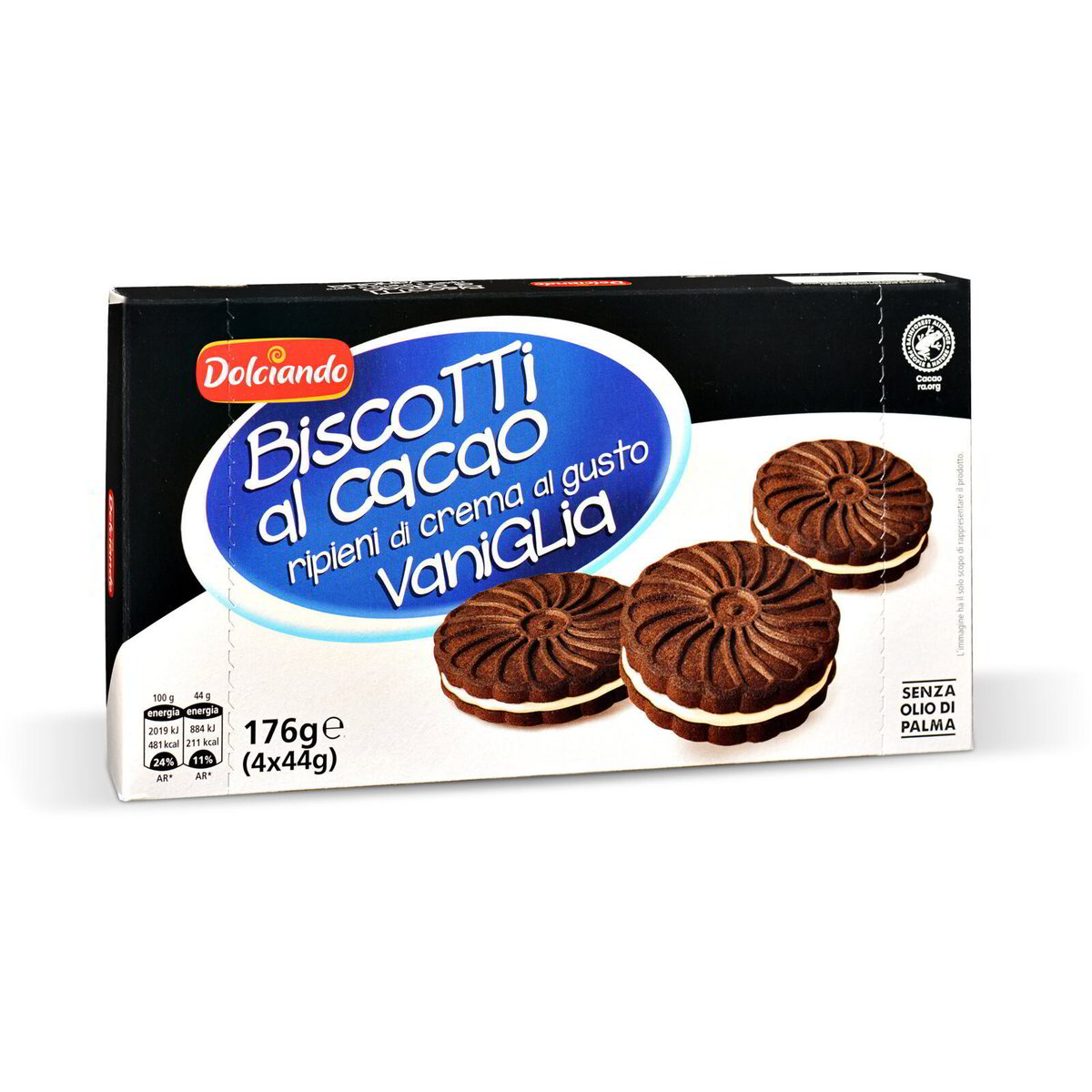 Biscotti al cacao ripieni di crema al gusto vaniglia DOLCIANDO 176g (4 x 44g) in dettaglio ...